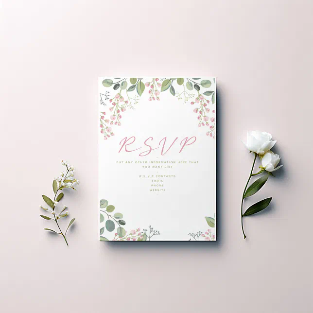 Pink and green leaves and flowers "RSVP" card | Zazzle