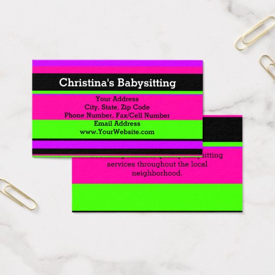 Pink and Green Neon Stripes Teen/Babysitting Business Card | Zazzle.com