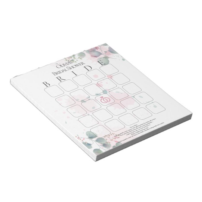 Pink and Green Watercolor Eucalyptus Bridal Bingo Notepad | Zazzle.com