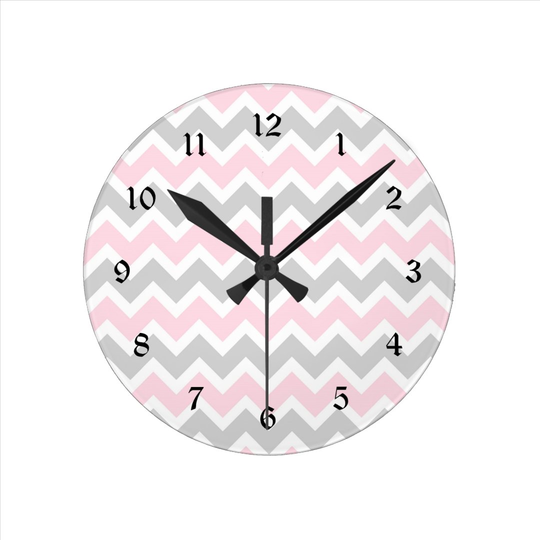 Pink and grey chevron baby girl nursery clock | Zazzle