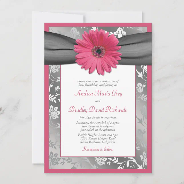 Pink and Grey Floral Damask Wedding Invitation | Zazzle