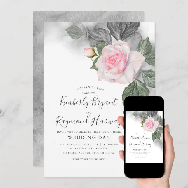 Pink and Grey Floral Watercolor Elegant Wedding Invitation | Zazzle