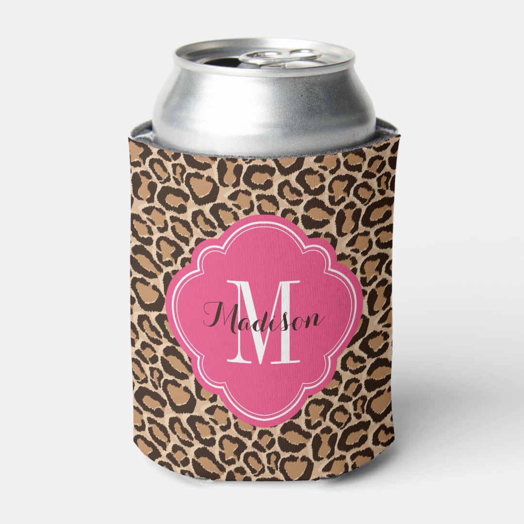 Pink and Leopard Print Custom Monogram Can Cooler | Zazzle