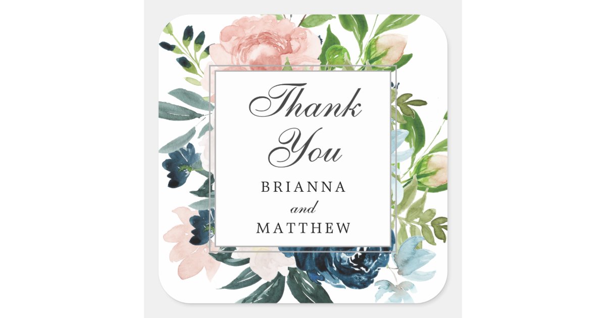Pink and Midnight Blue Floral Wedding Favor Square Sticker | Zazzle