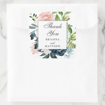 Pink and Midnight Blue Floral Wedding Favor Square Sticker | Zazzle