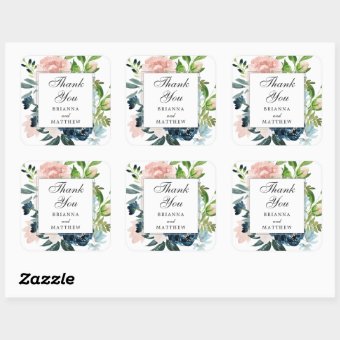 Pink and Midnight Blue Floral Wedding Favor Square Sticker | Zazzle