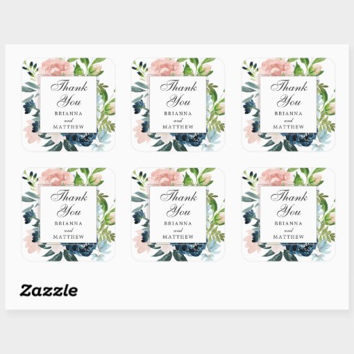 Pink and Midnight Blue Floral Wedding Favor Square Sticker | Zazzle