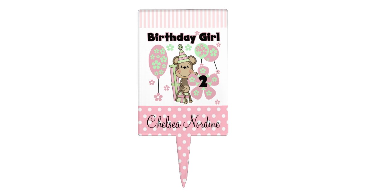 Pink and Mint Monkey 2nd Birthday Cake Topper | Zazzle
