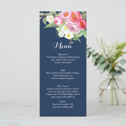 Pink and Navy Blue Watercolor Flowers Menu Cards | Zazzle