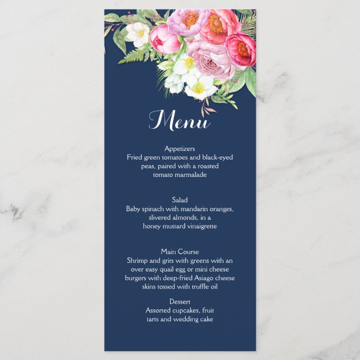 Pink and Navy Blue Watercolor Flowers Menu Cards | Zazzle.com