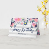 Pink and Navy Flowers | Stripes Happy Birthday Card | Zazzle