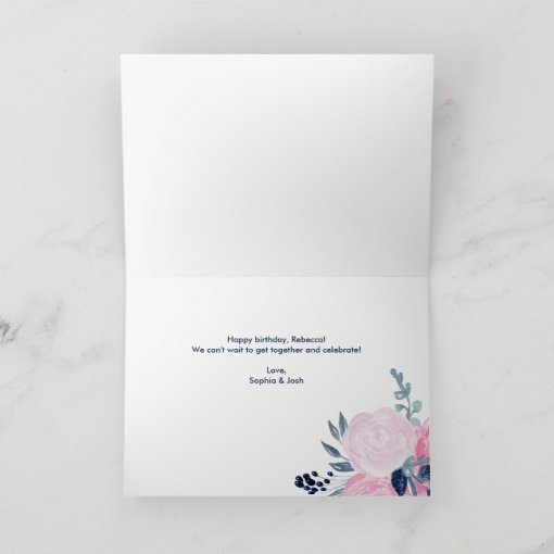 Pink and Navy Flowers | Stripes Happy Birthday Card | Zazzle