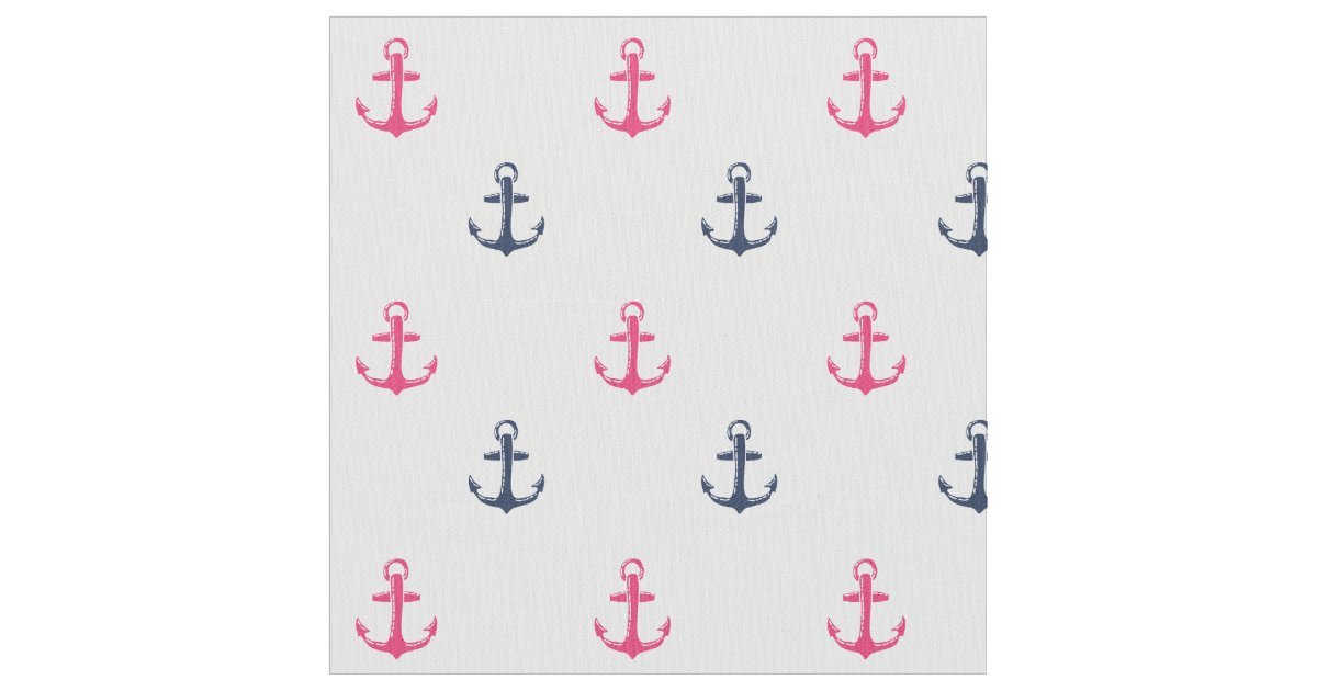 Pink and Navy Nautical Anchor Print Fabric | Zazzle
