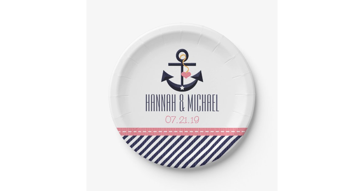 Pink and Navy Nautical Anchor Wedding Paper Plates | Zazzle