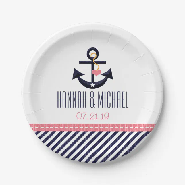 Pink and Navy Nautical Anchor Wedding Paper Plates | Zazzle