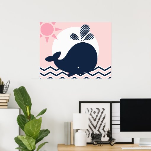 Pink and Navy Whale Nursery Poster | Zazzle