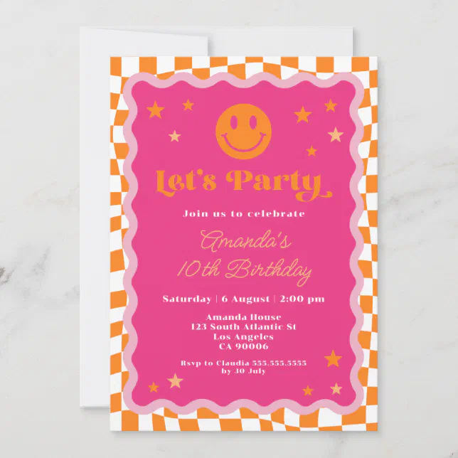 Pink And Orange Happy Face Checkered Girl Birthday Invitation | Zazzle
