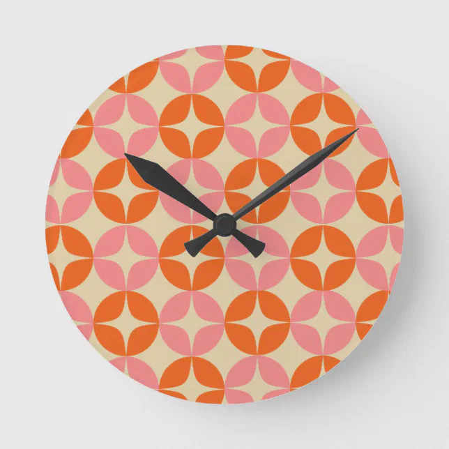 Pink and Orange Mid Century Mod Geometric Pattern Round Clock | Zazzle