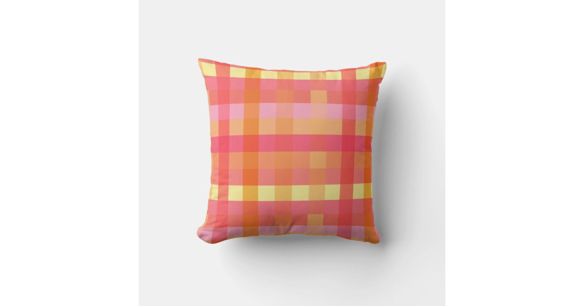 Pink and orange plaid throw pillow | Zazzle