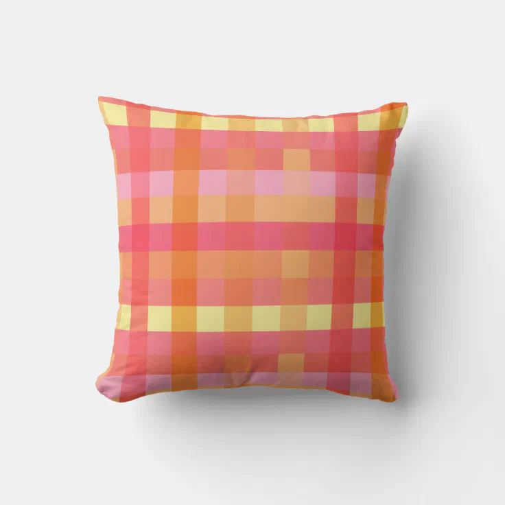 Pink and orange plaid throw pillow | Zazzle