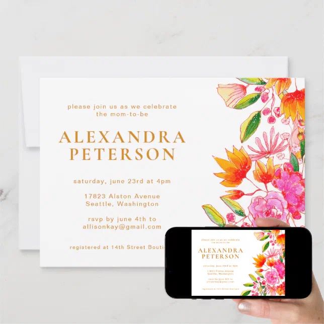 Pink and Orange Watercolor Floral Baby Shower Invitation | Zazzle