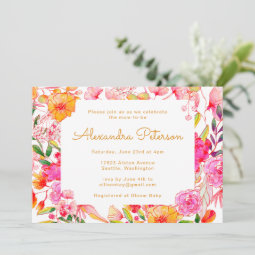 Pink and Orange Watercolor Flowers Baby Shower Invitation | Zazzle