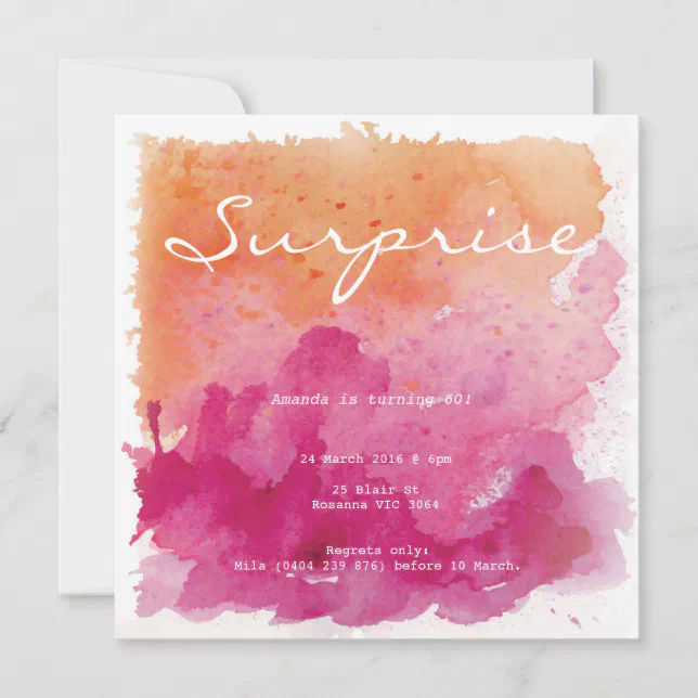 Pink and Orange Watercolour Surprise Birthday Invitation | Zazzle