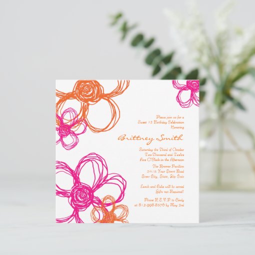 Pink and Orange Wild Flowers Birthday Invitation | Zazzle