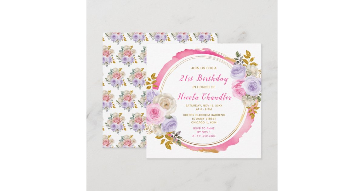 Pink and Purple Elegant Flowers Birthday Party Invitation | Zazzle