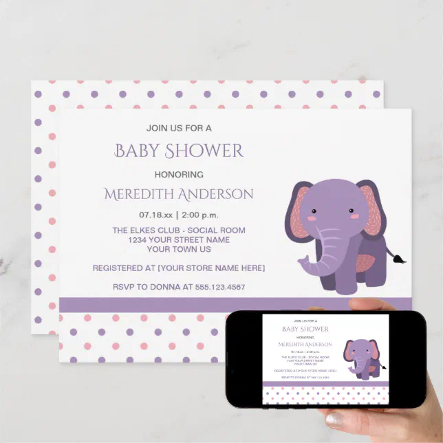 Pink and Purple Elephant Baby Shower Invitations | Zazzle