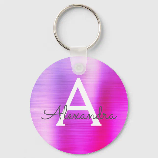 Pink and Purple Faux Stainless Steel Monogram Keychain | Zazzle