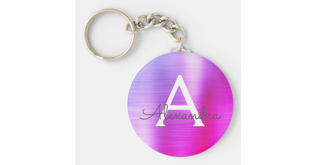 Pink and Purple Faux Stainless Steel Monogram Keychain | Zazzle.com