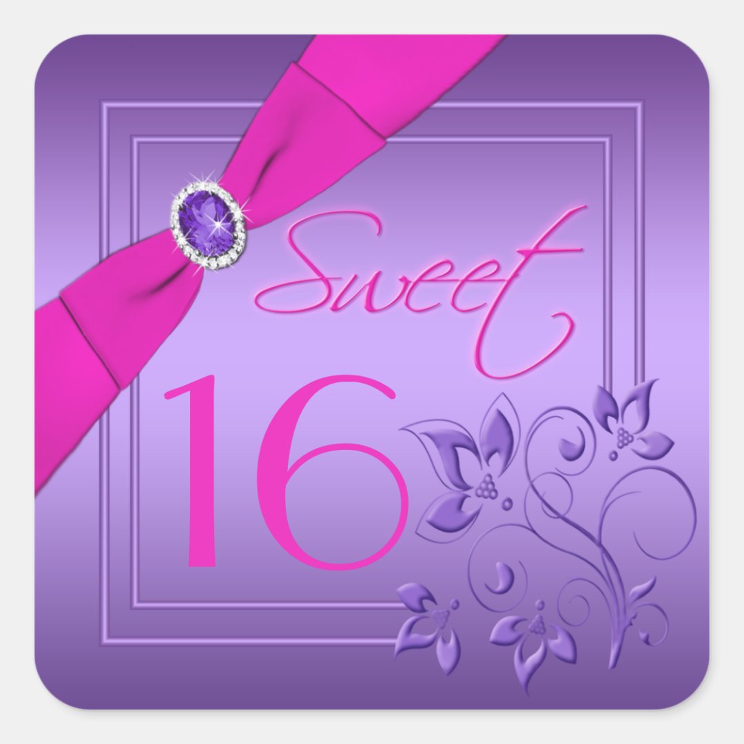 Pink and Purple Floral Sweet 16 Square Sticker | Zazzle