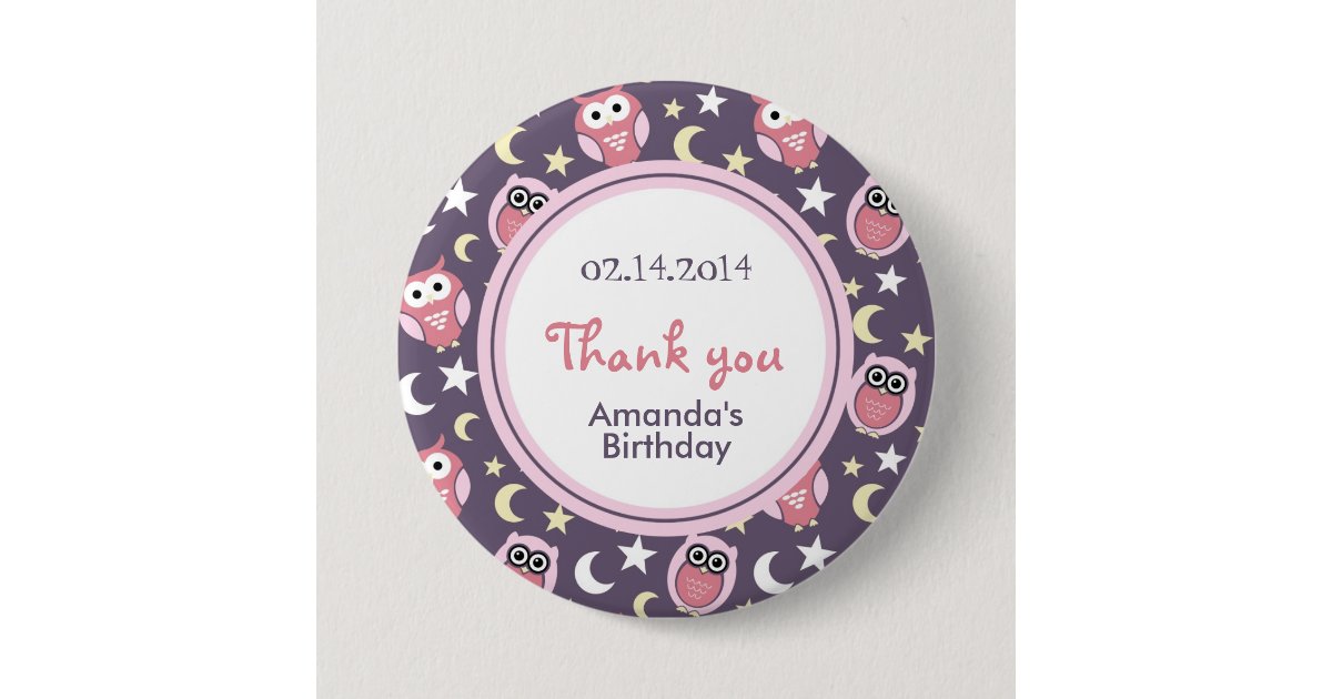 Pink and Purple Owl Cartoon Birthday Pin | Zazzle