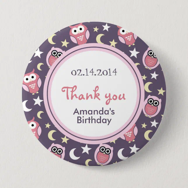 Pink and Purple Owl Cartoon Birthday Pin | Zazzle