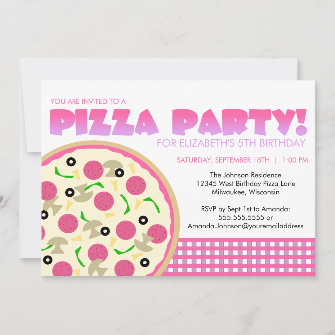 Pink and Purple Pizza Party Invitation | Zazzle