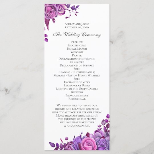 Pink and purple roses. Wedding lilac flowers Program | Zazzle.com