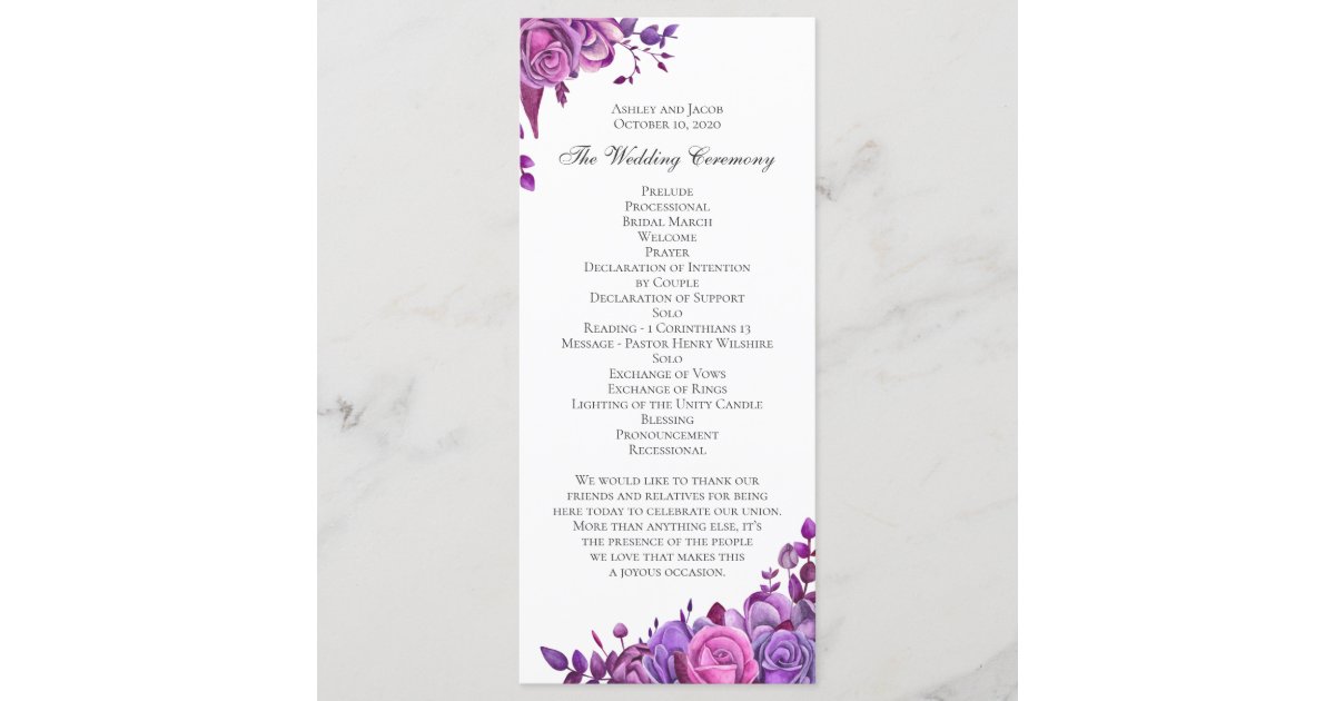 Pink and purple roses. Wedding lilac flowers Program | Zazzle
