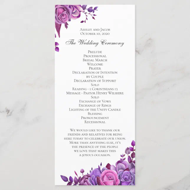 Pink and purple roses. Wedding lilac flowers Program | Zazzle
