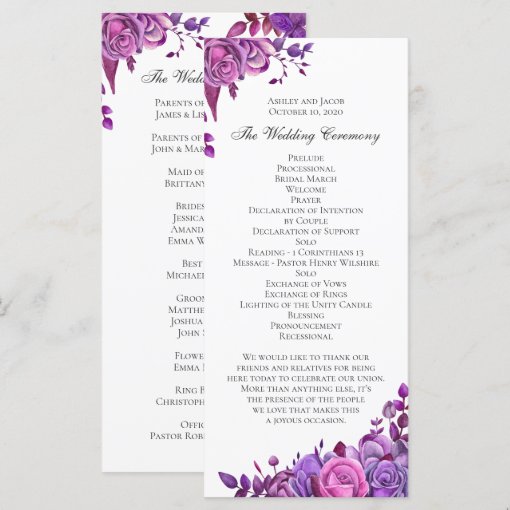 Pink and purple roses. Wedding lilac flowers Program | Zazzle