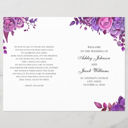 Pink and purple roses. Wedding program folded | Zazzle.com