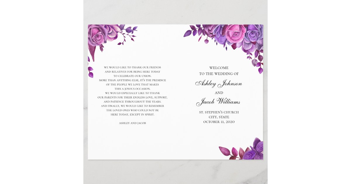 Pink and purple roses. Wedding program folded | Zazzle