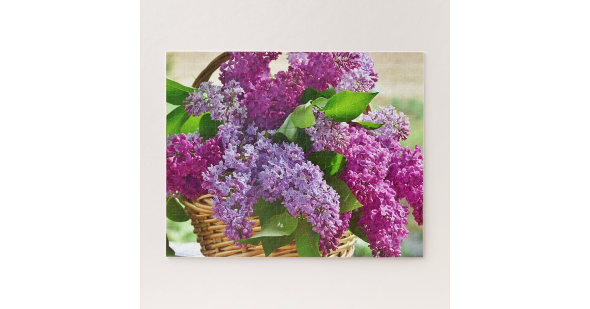 Pink and Purple Spring Lilac Flowers in a Basket Jigsaw Puzzle | Zazzle
