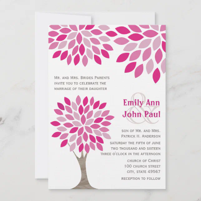 Pink and Raspberry Modern Tree Tops Flower Wedding Invitation | Zazzle