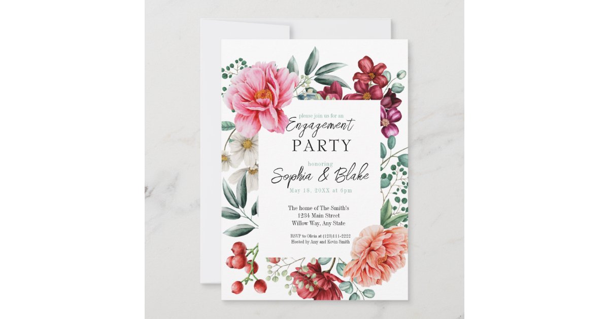 Pink and Red Flowers | White Engagement Party Invitation | Zazzle