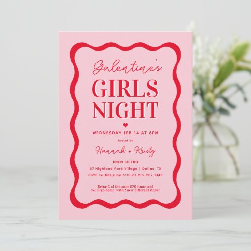 Pink and Red Galentine's Girls Night Party Invitation | Zazzle