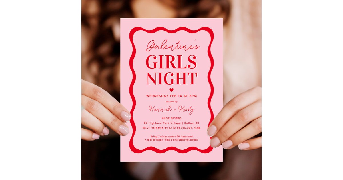 Pink and Red Galentine's Girls Night Party Invitation | Zazzle