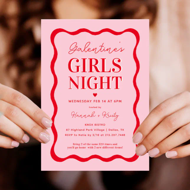 Pink and Red Galentine's Girls Night Party Invitation | Zazzle