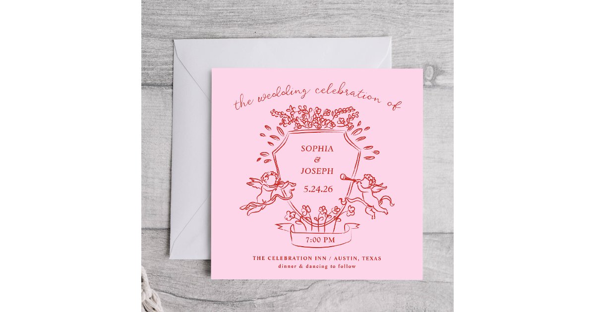 Pink and Red Hand Drawn Crest with Cherubs Wedding Invitation | Zazzle