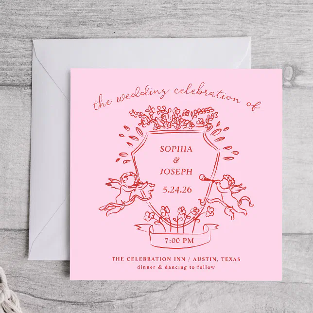 Pink and Red Hand Drawn Crest with Cherubs Wedding Invitation | Zazzle